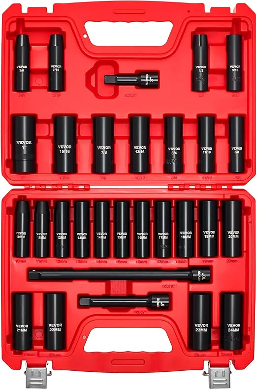 VEVOR 1/2" Drive Impact Socket Set, 29-Piece Deep Sockets Standard SAE ...