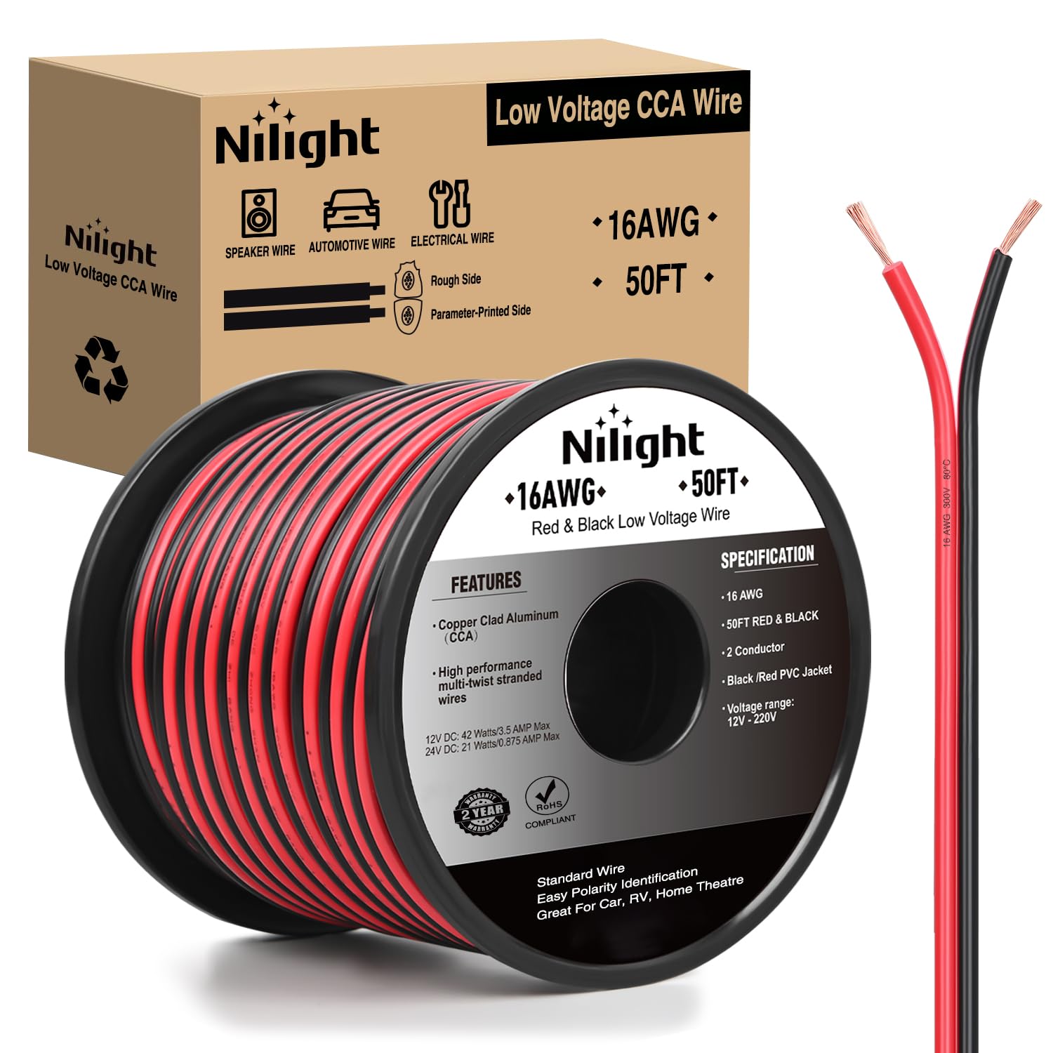 Amazon.com: Nilight 50FT 16AWG Copper Clad Aluminum Wire 16/2 Gauge Red ...