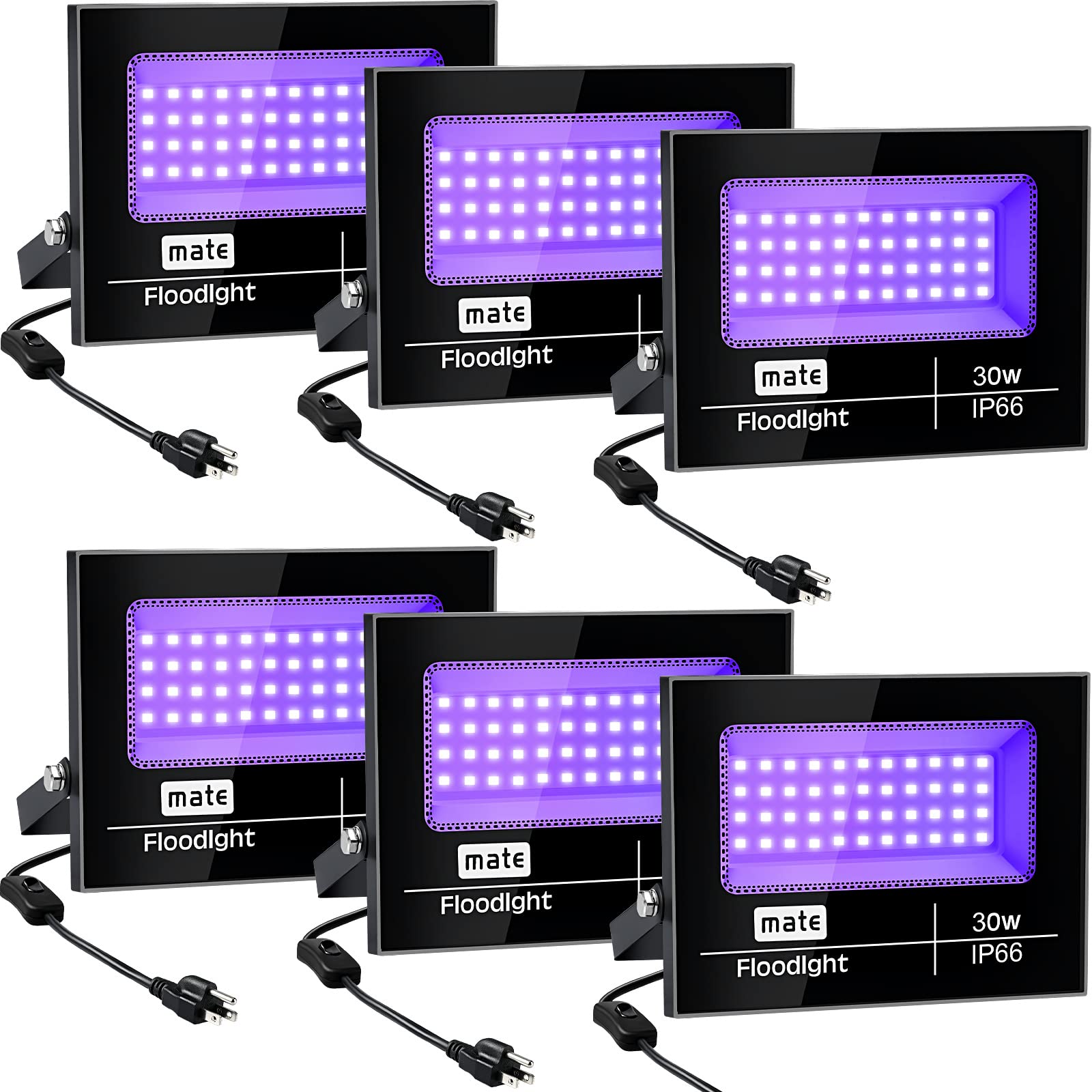 6 Pack 30W LED Black Lights, Blacklight Flood Light with Plug and ...