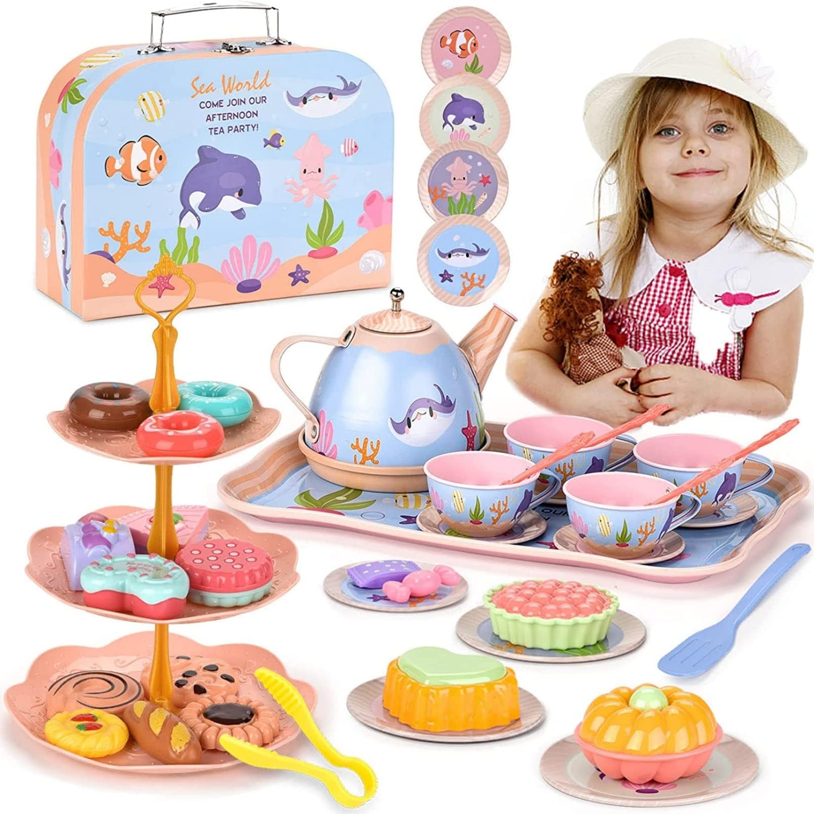 Masroo Tea Set for Little Girls, Princess Tea Time Toys Playset- Teapot ...