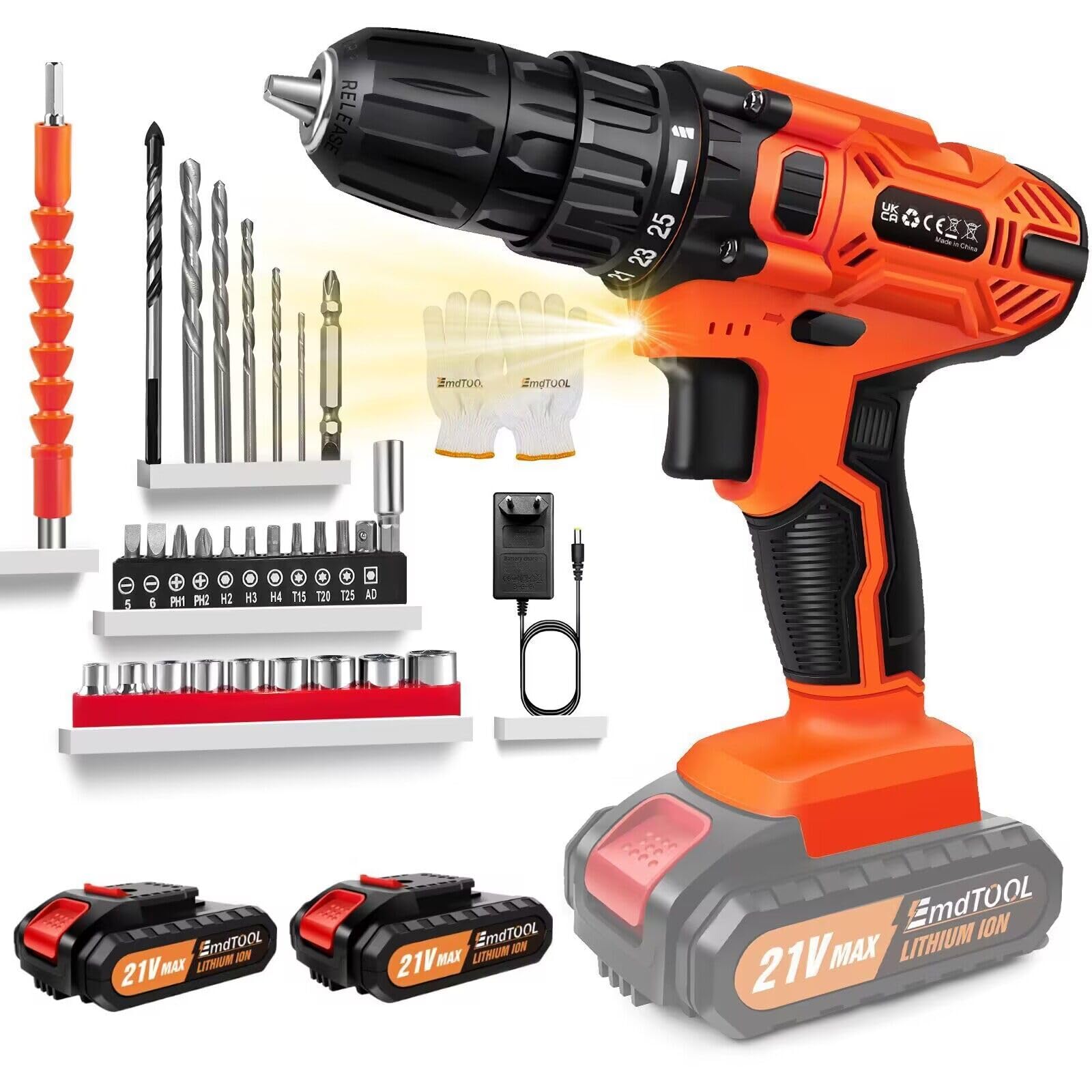21V Cordless Power Drill with Two Batteries,Electric Screwdriver Drill ...