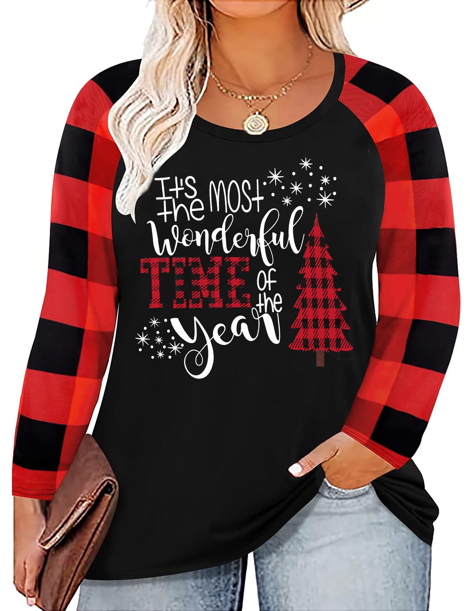 Amazon.com: Plus Size Merry Christmas Shirts Women Xmas Buffalo Plaid ...