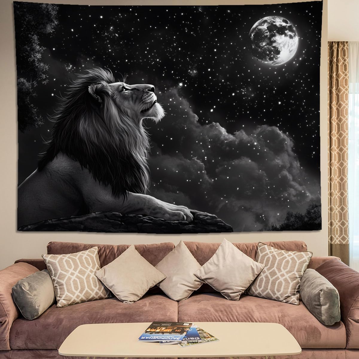 Amazon.com: keowhsf Black and White Lion Tapestry – Cool Space Moon ...