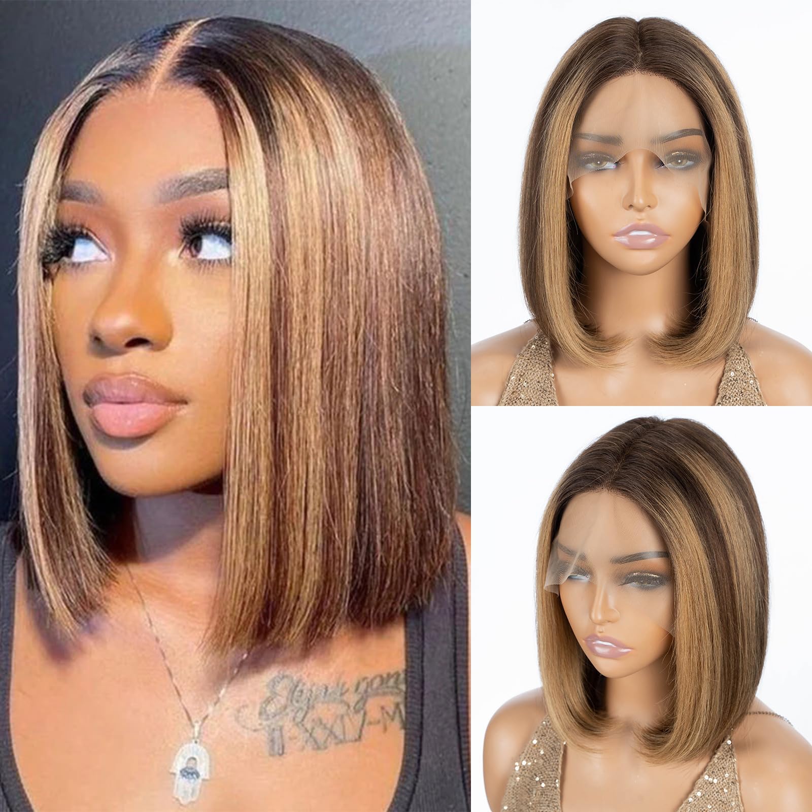 Amazon.com : DÉBUT Short Bob Ombre Highlight Blonde Brown Lace Front ...