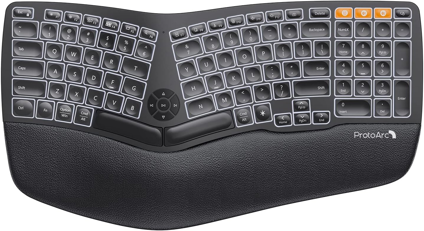 ProtoArc Backlit Wireless Ergonomic Keyboard, EK01 Bluetooth Ergo Split ...