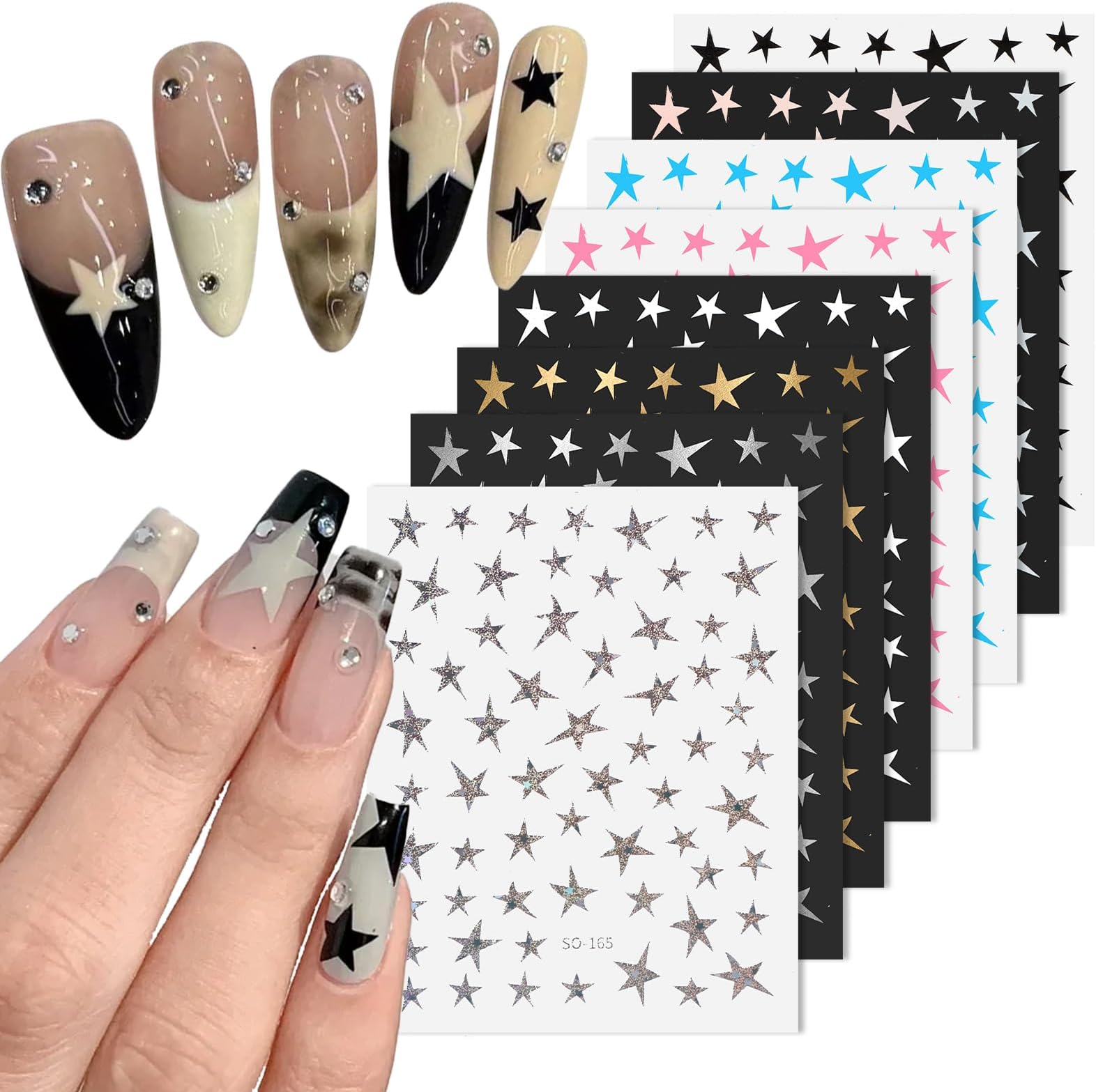 Amazon.com: 9 Sheets Shiny Star Nail Stickers 3D Self Adhesive Twill ...