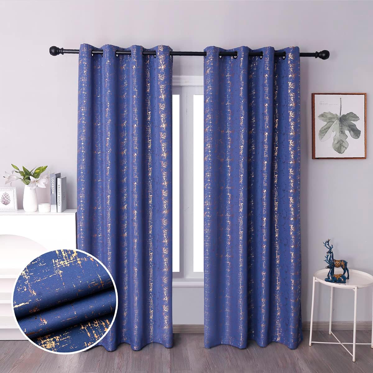 Amazon.com: Taisier Home Gold Foil Print Linen Textured Curtains ...