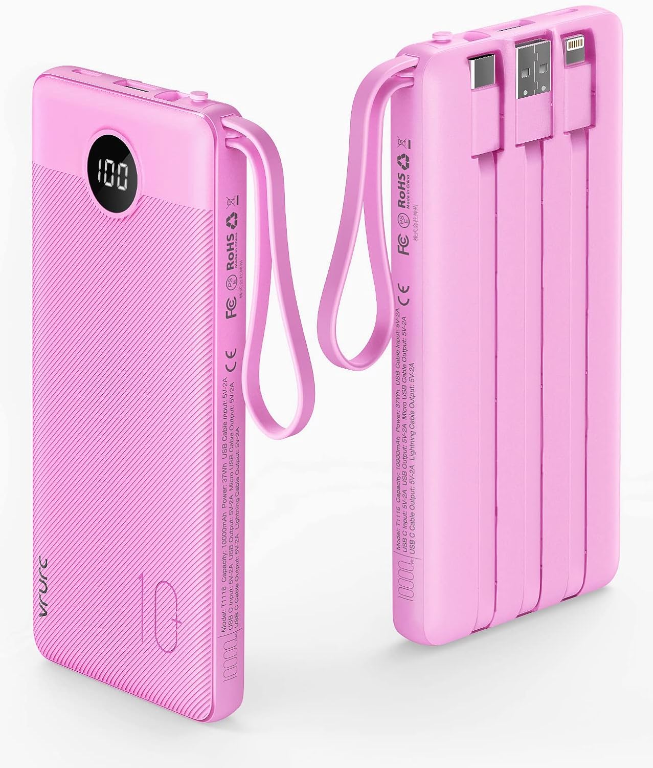 VRURC Power Bank with Built in Cables,10000mAh USB C Portable Charger ...