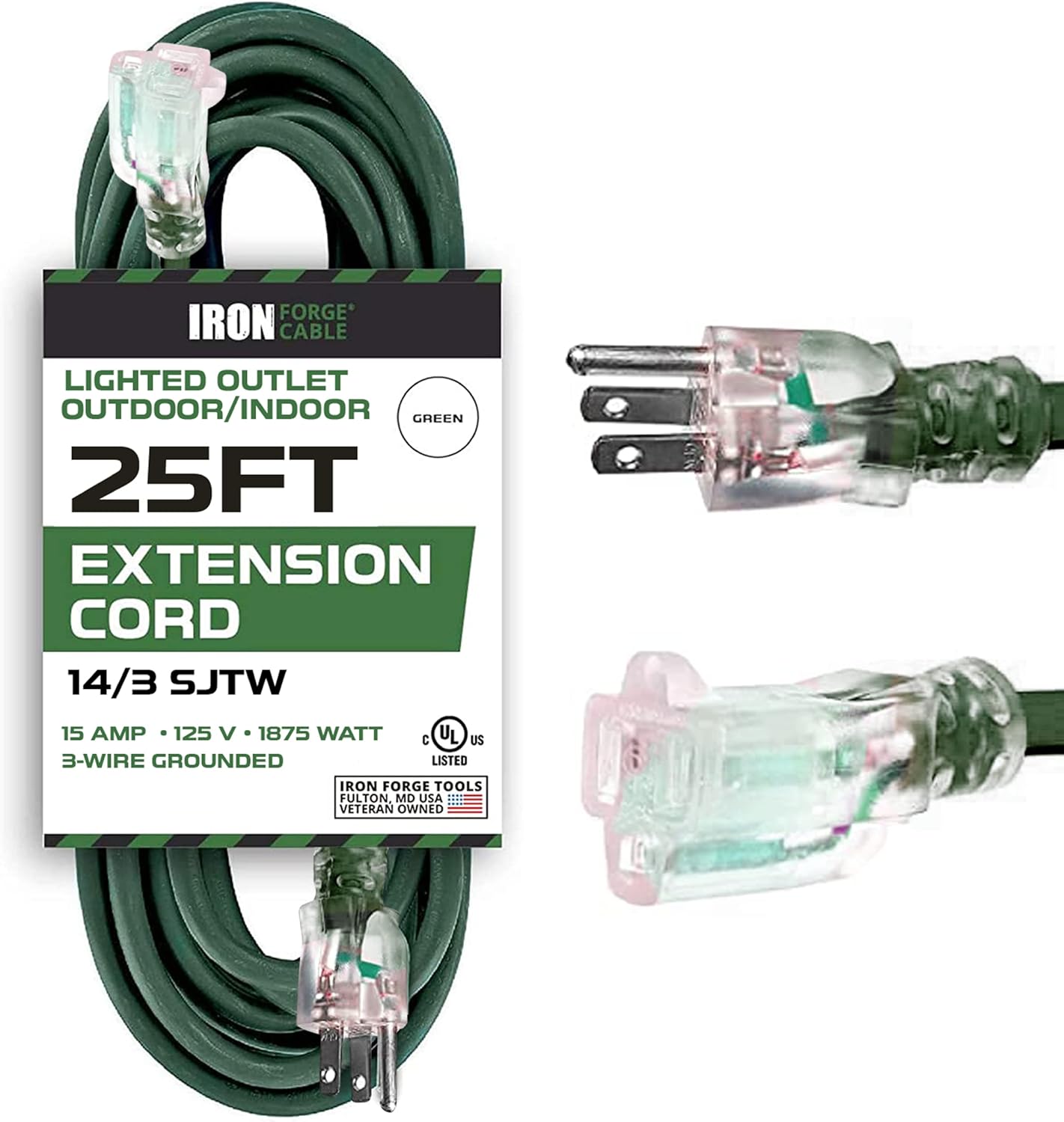 Iron Forge Cable Weatherproof 25 Ft Outdoor Extension Cord Green - 14/3 ...