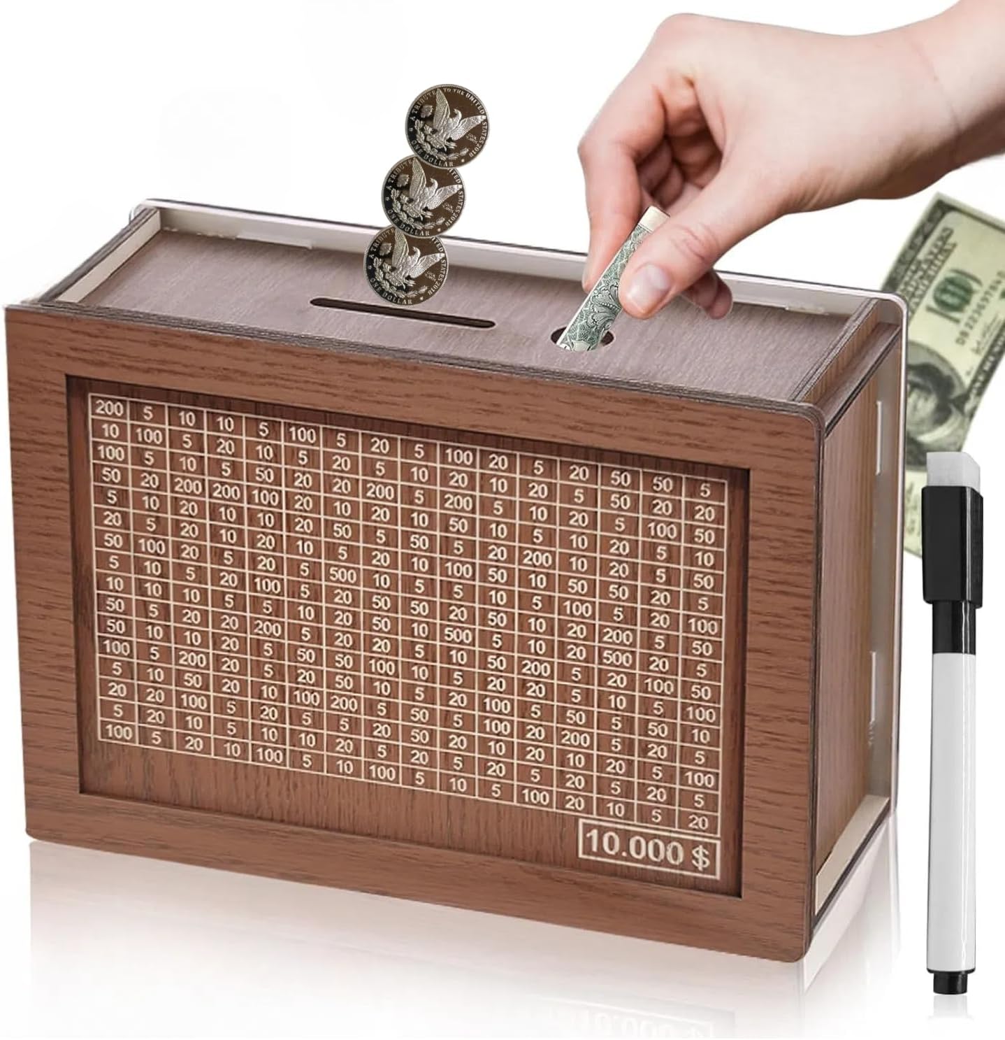 Amazon.com: 10000 Savings Challenge Box, Wooden Coin Bank, Cash Vault ...