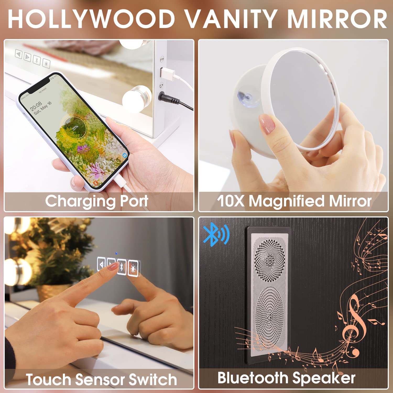 Leishe Vanity Mirror with Lights and Bluetooth Large Makeup Mirror with ...