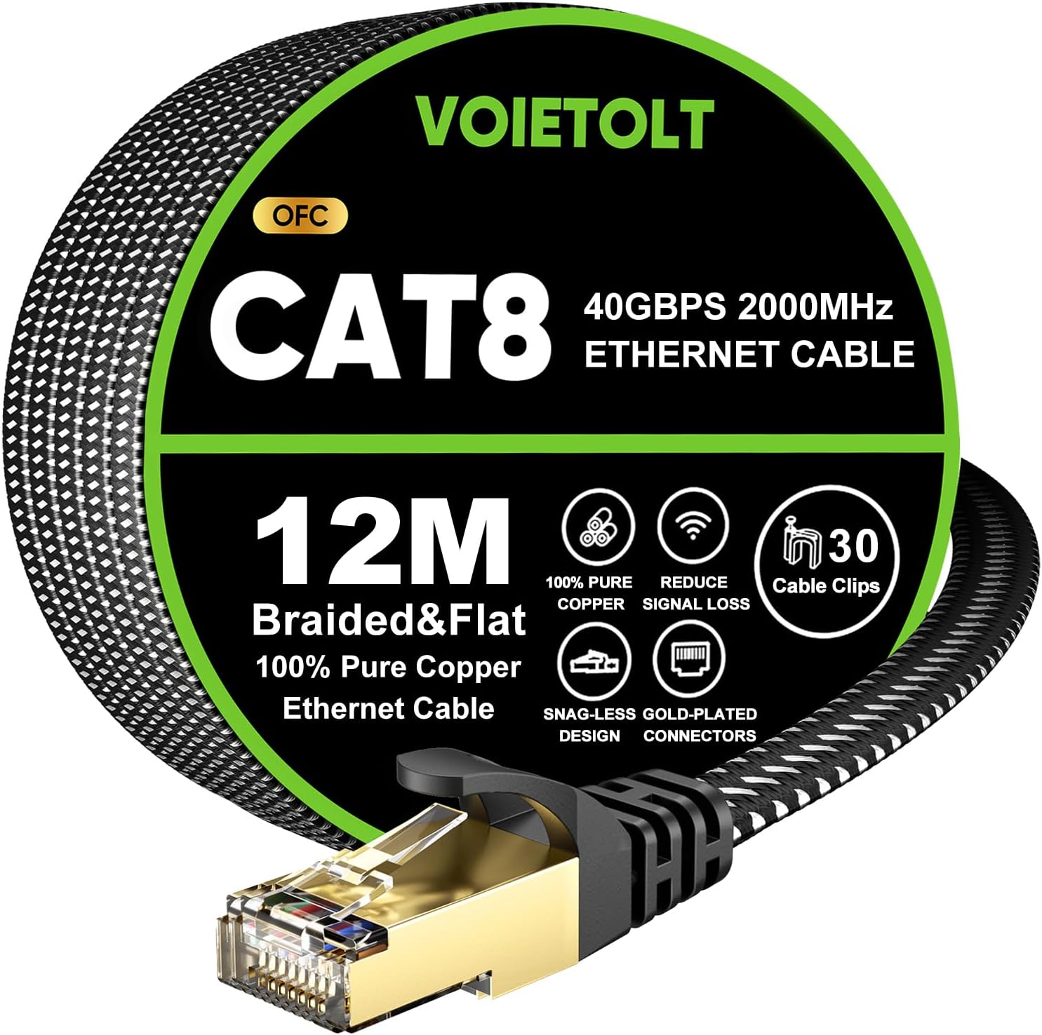 VOIETOLT Cat 8 Ethernet Cable 12M, High-Speed 40Gbps/2000Mhz Flat ...