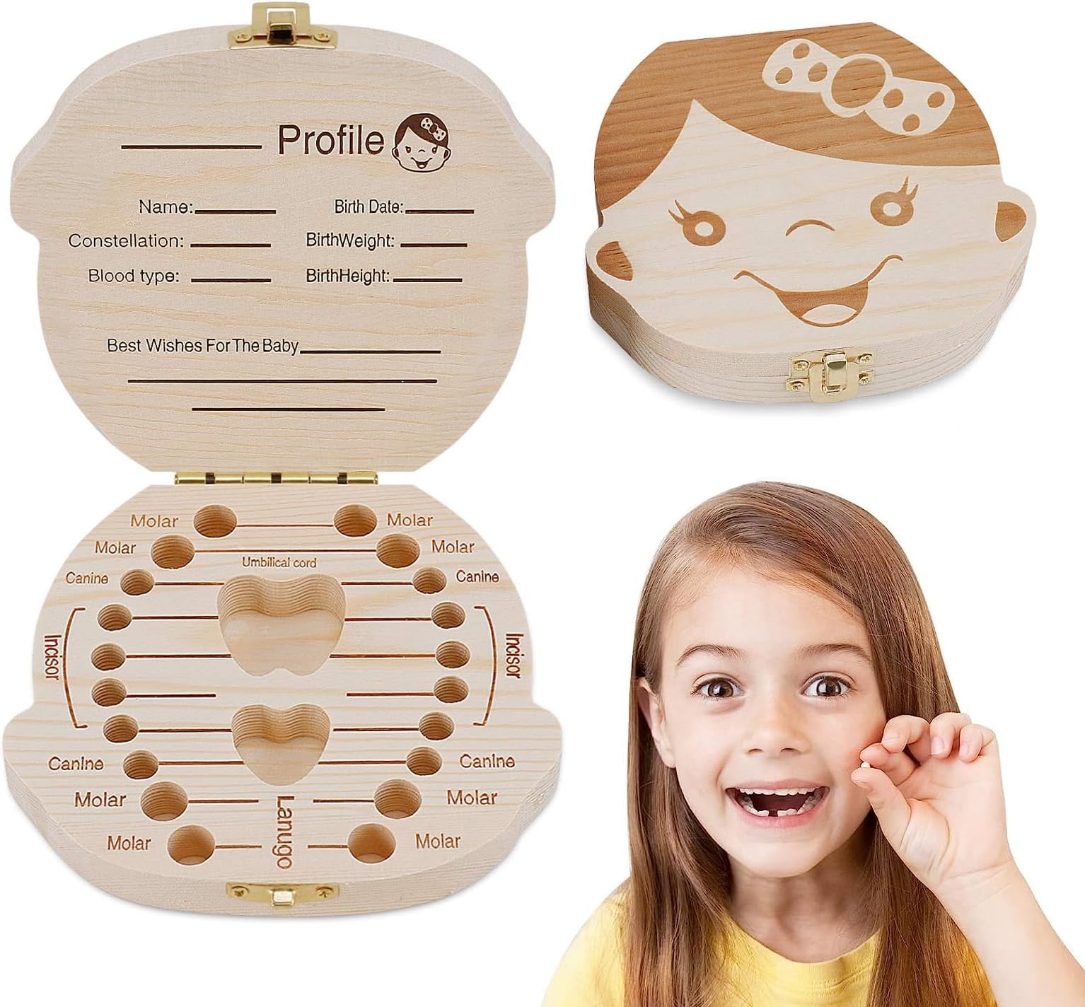 wugongshan Anglais Boîte à Dents en Bois, Boîte de Rangement pour Enfants en Bois de Souvenir ...