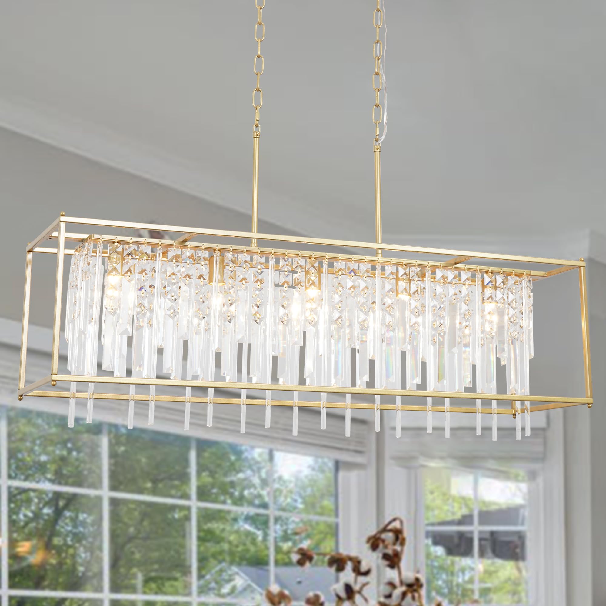 MEELIGHTING Modern Rectangular Crystal Chandelier Farmhouse Industrial ...