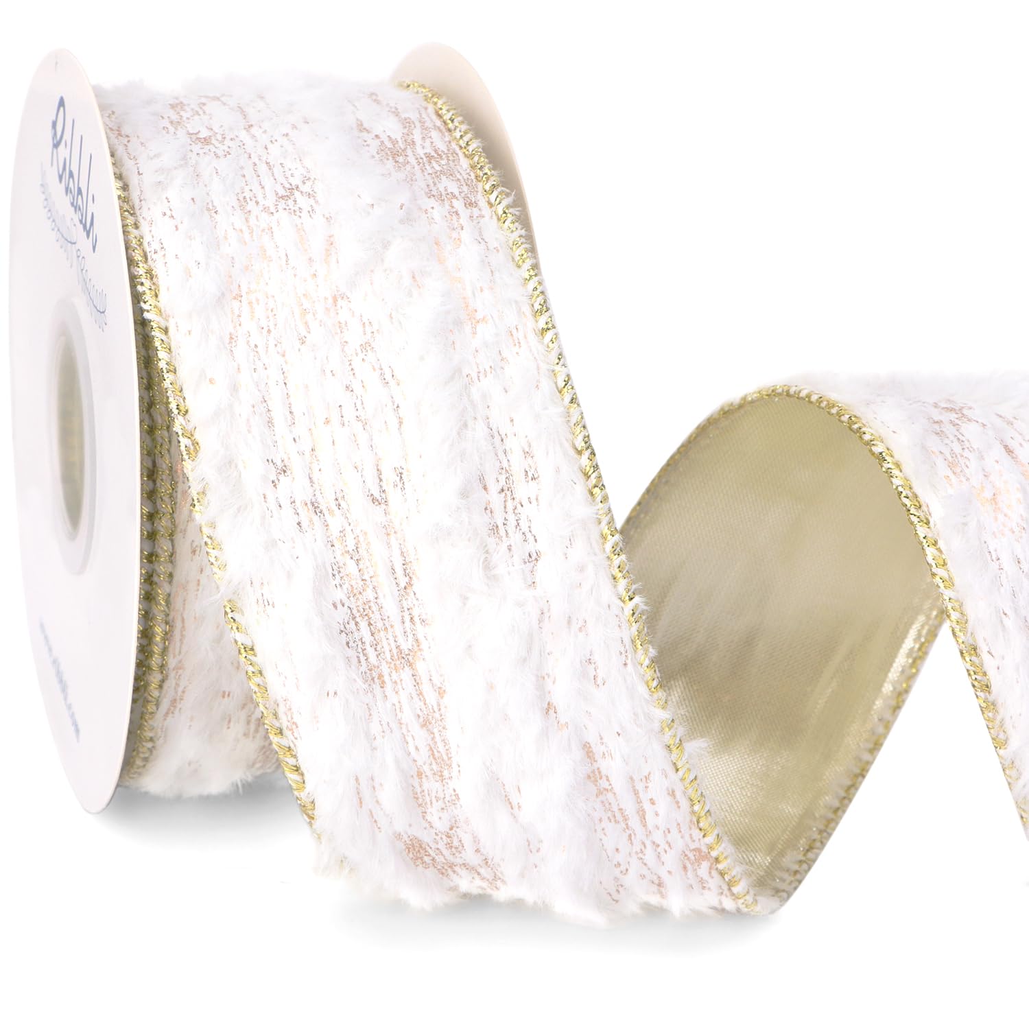 Amazon.com: Ribbli White Fluffy Velvet Wired Ribbon with Champagne Gold ...