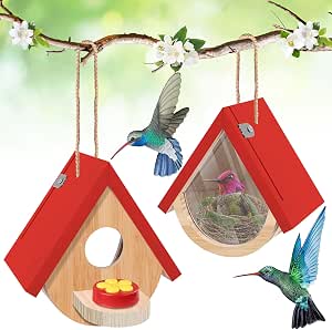 Amazon.com: 2 Pack Hummingbird Houses with Feeder, Wooden Hanging Bird ...