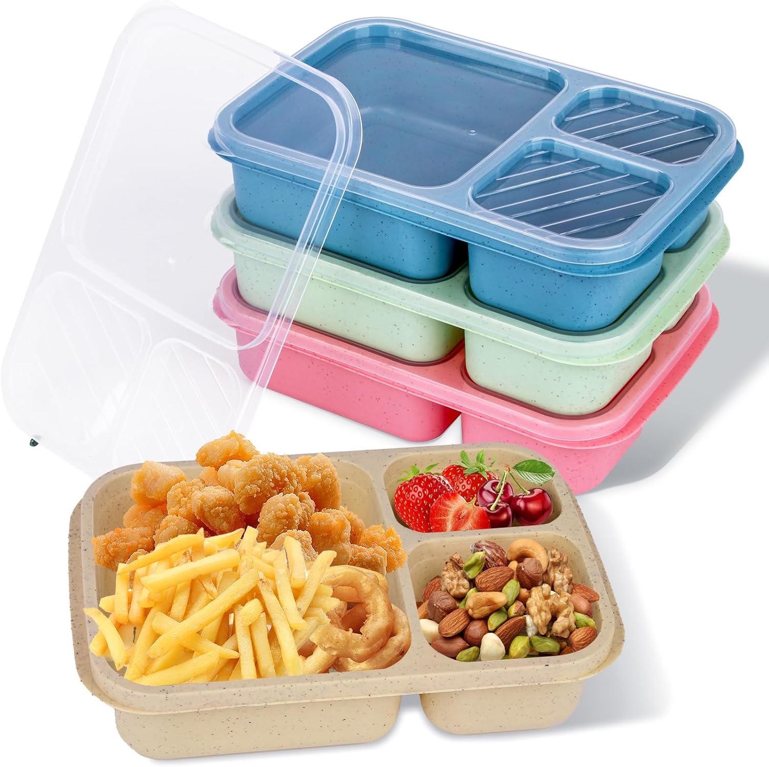 4Pcs Bento Lunch Box Durable Food Case with 3 Compartments Recyclable ...