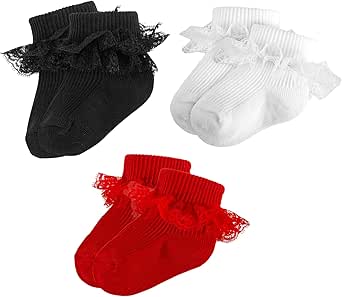 Amazon.com: MKYSZLT Baby Girl Ruffle Socks Eyelet Double Lace Turn Cuff ...