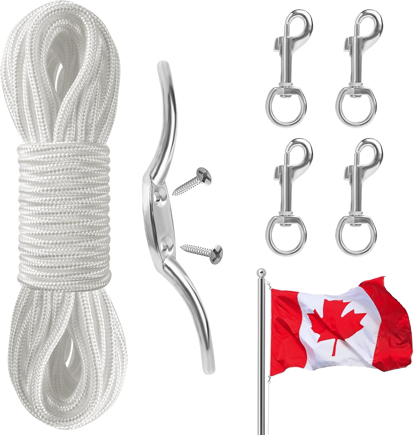 Flag Rope and Clips Kit - 50ft Flag Pole Rope Halyard with Cleat Hook ...