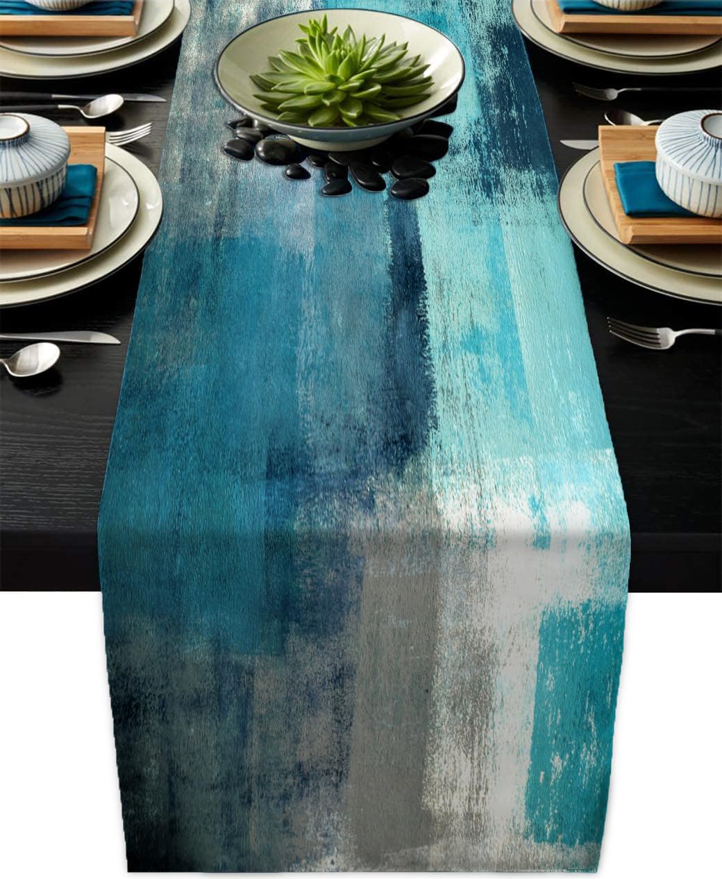 Amazon.com: Teal Grey Table Runners Modern Art Farmhouse Linen ...