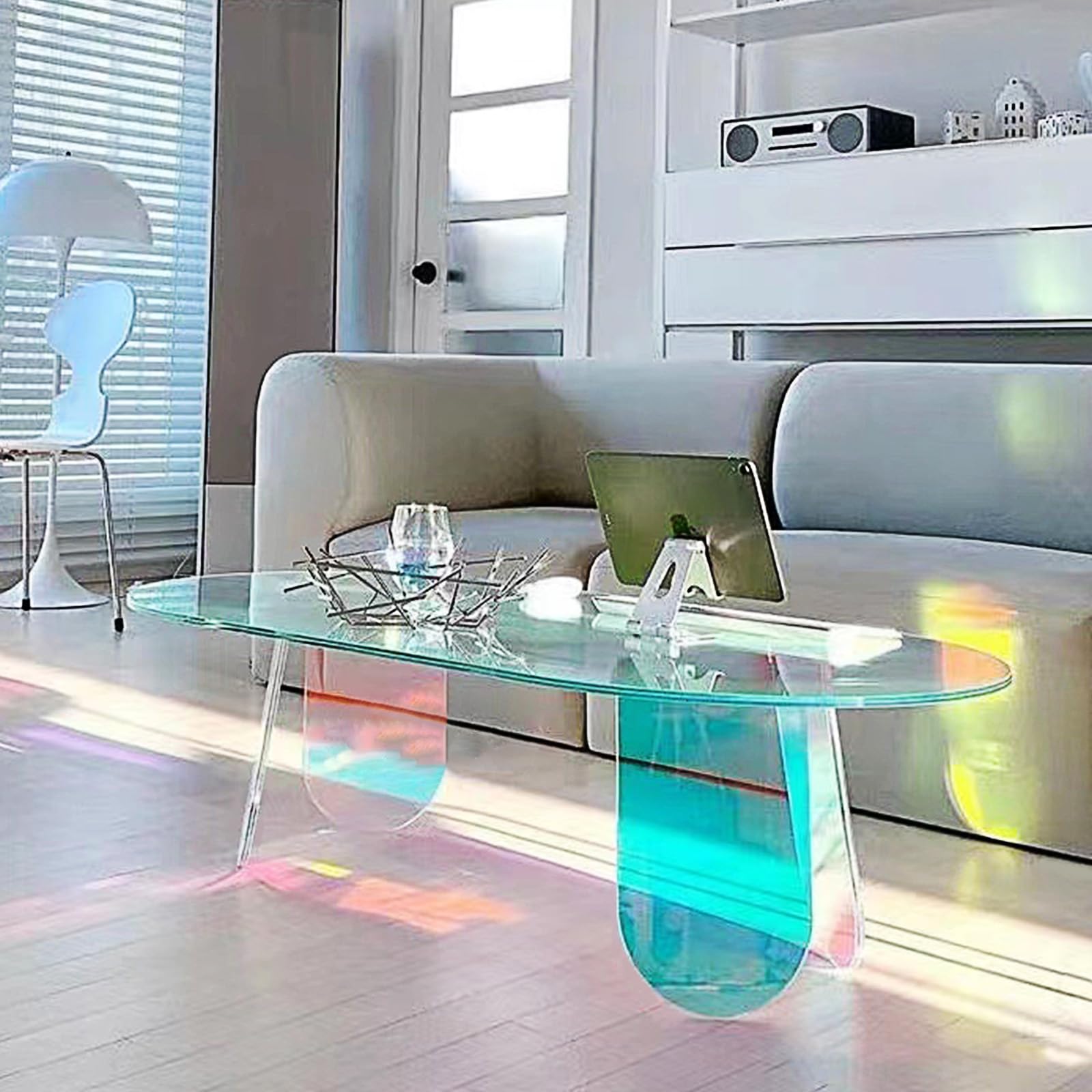 Acrylic Coffee Table Iridescent Modern Unique Side Table Round End Table Colorful Low Coffee ...