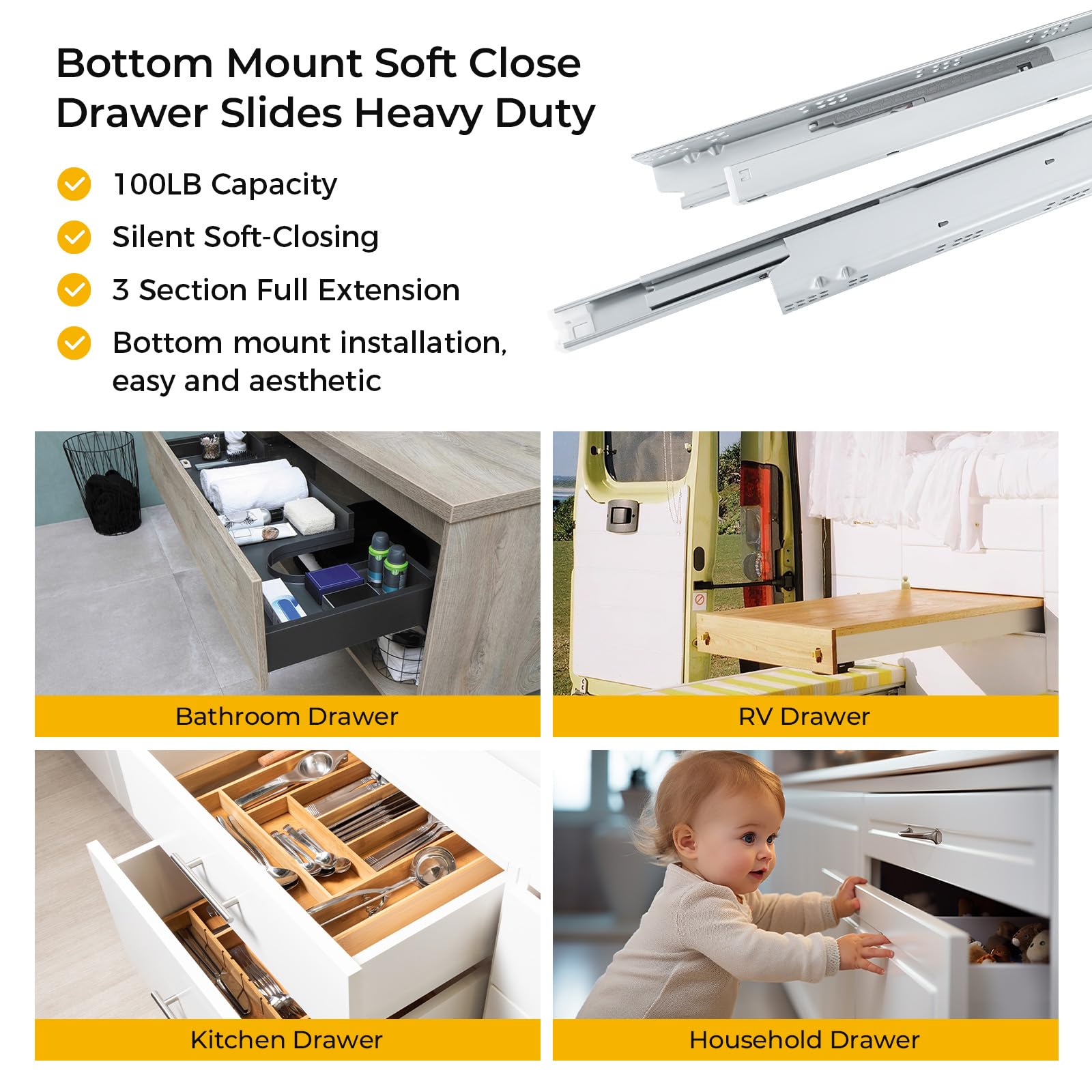 Snapklik.com : Goldenwarm 6 Pair Undermount Drawer Slides Soft Close 18 ...