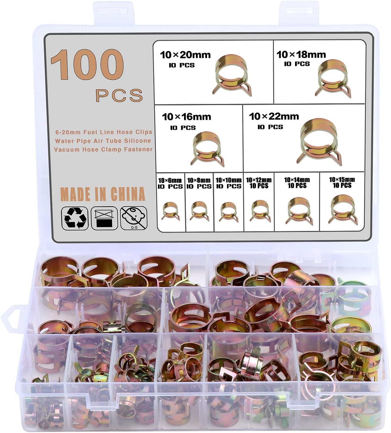 HSEAMALL 100 PCS Spring Hose Clamps, Fuel Line Hose Clips, Water Pipe ...