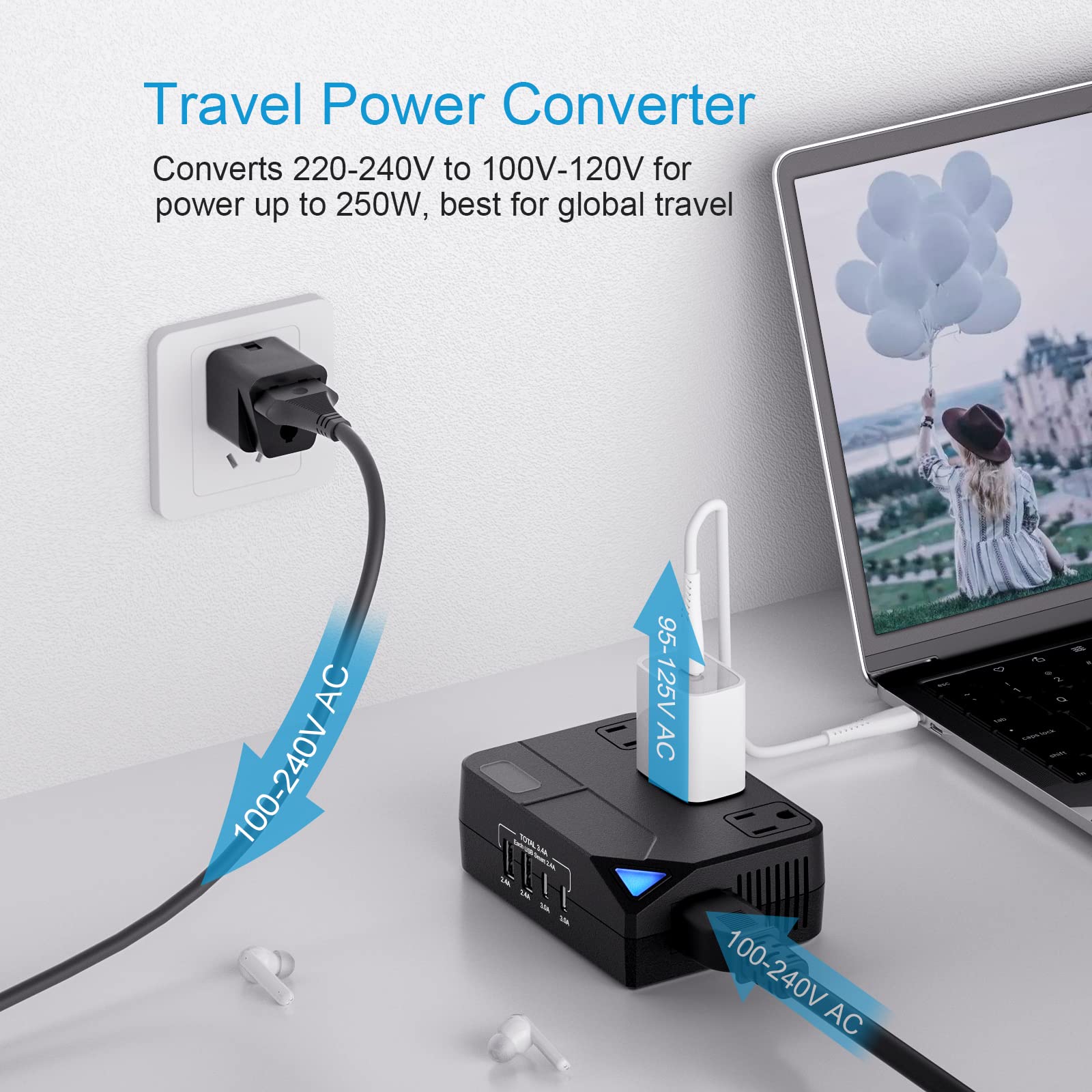 Universal 100V-220V Travel Adapter, 250W Travel Voltage Converter for ...