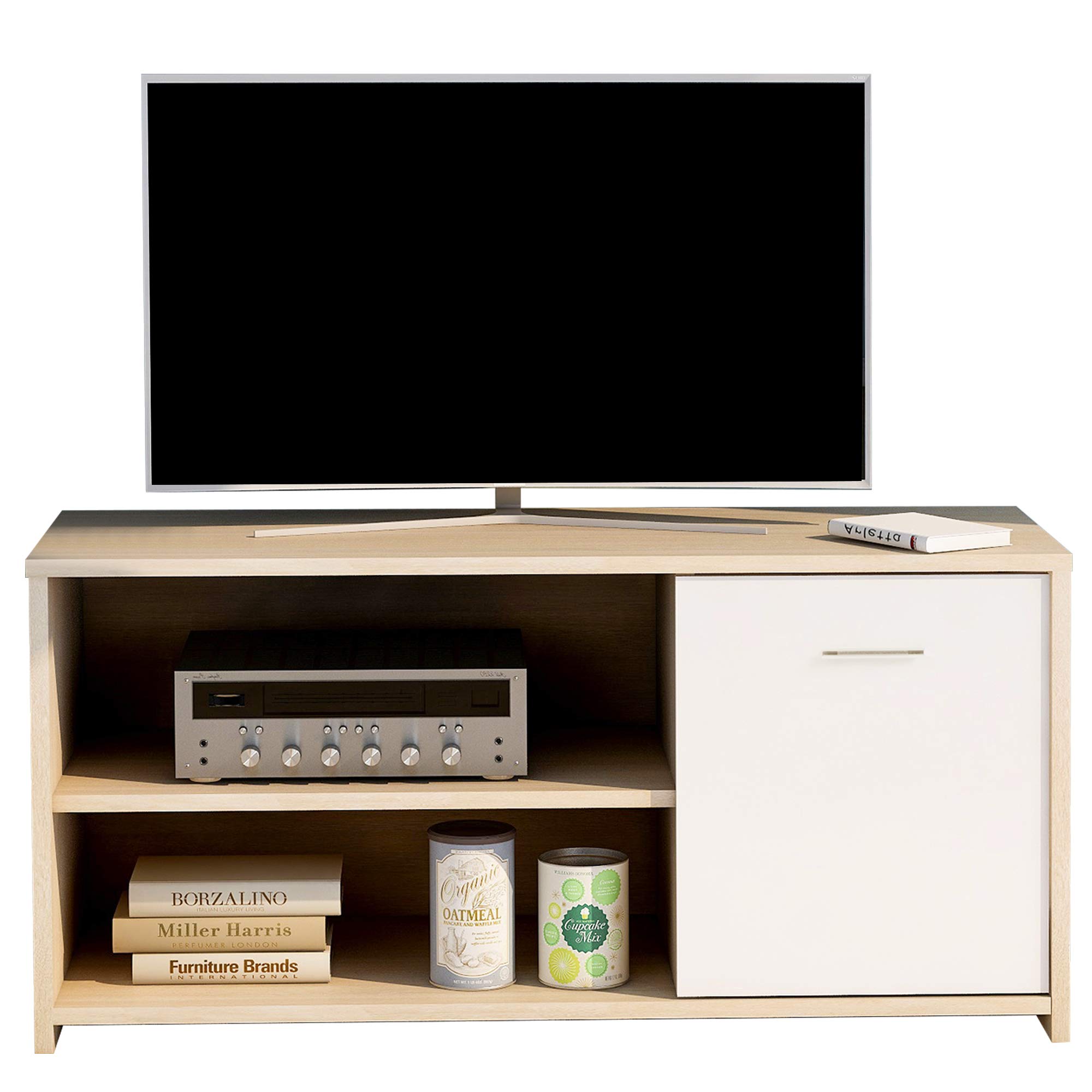 Buy White Wood LED TV Stand Unit, 120 cm Modern TV Cabinet with 5 Shelf ...
