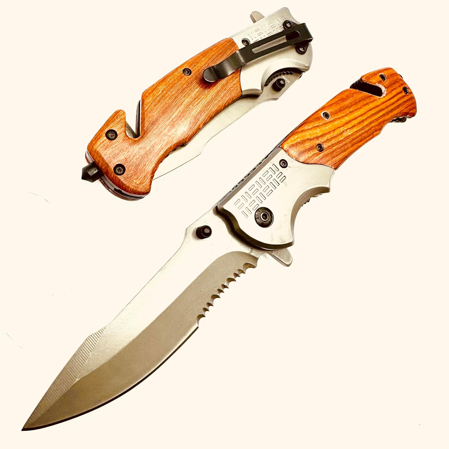 Amazon.com : 9" wood handle folding tactical pocket knife wiht breaker ...