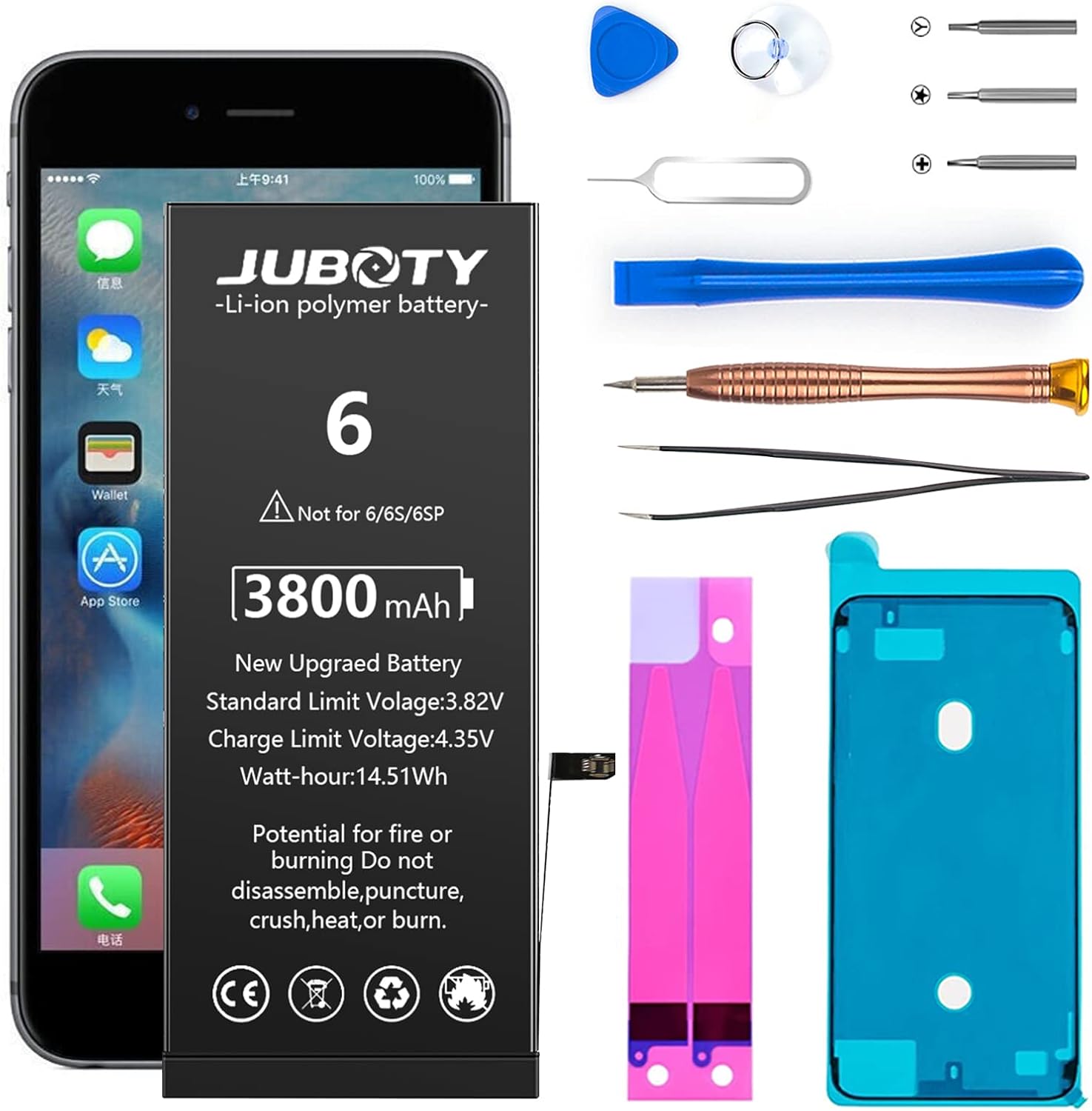 [3800mAh] Battery for iPhone 6, JUBOTY New Upgraded Li-Polymer High ...