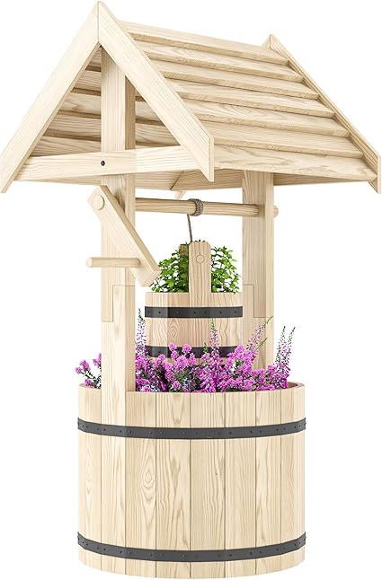 Amazon.com : Outsunny Wooden Wishing Well Planter with Adjustable ...