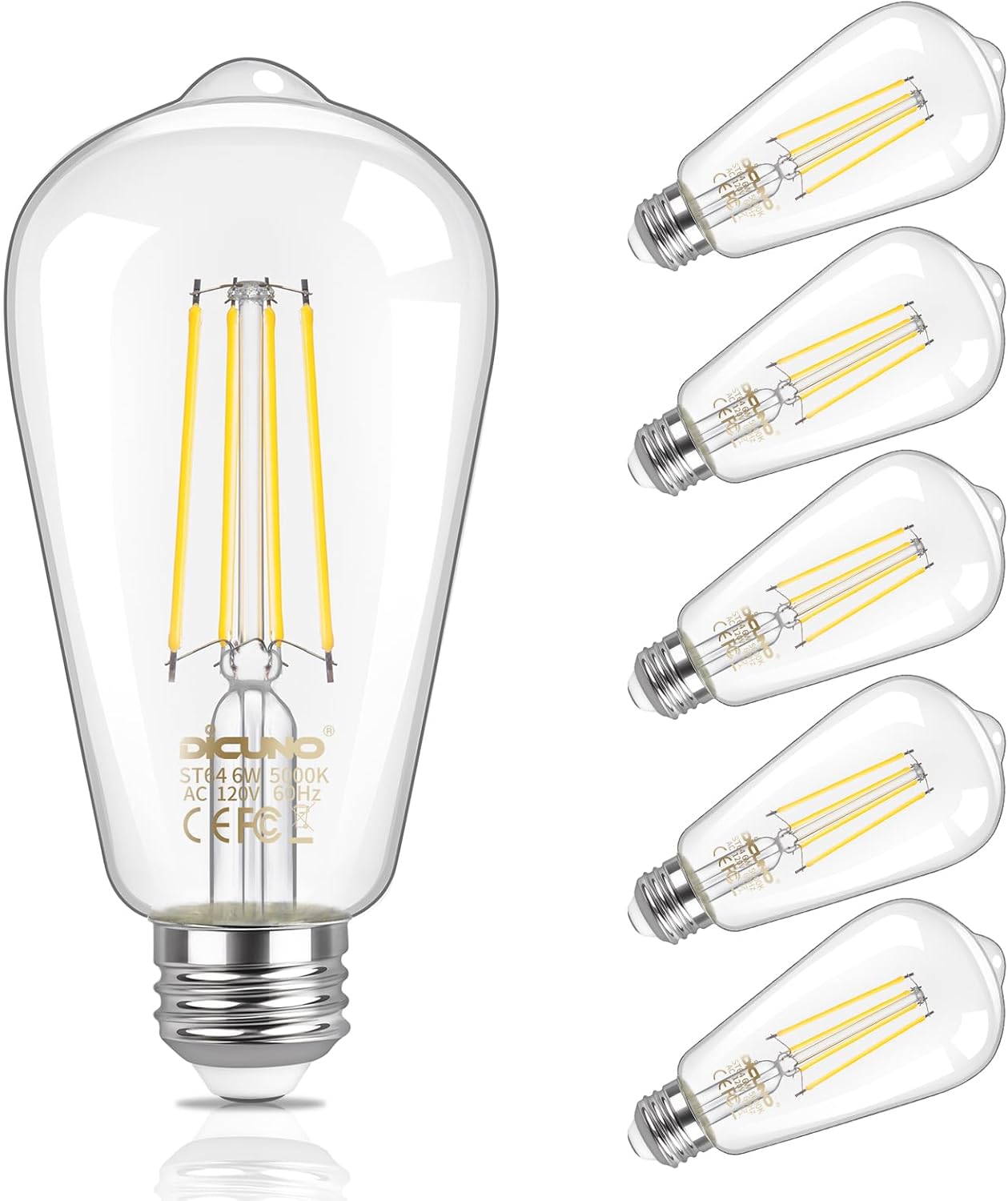 DiCUNO ST64 Edison LED Bulb 60W, Daylihgt White 5000K, 6W LED Edison ...