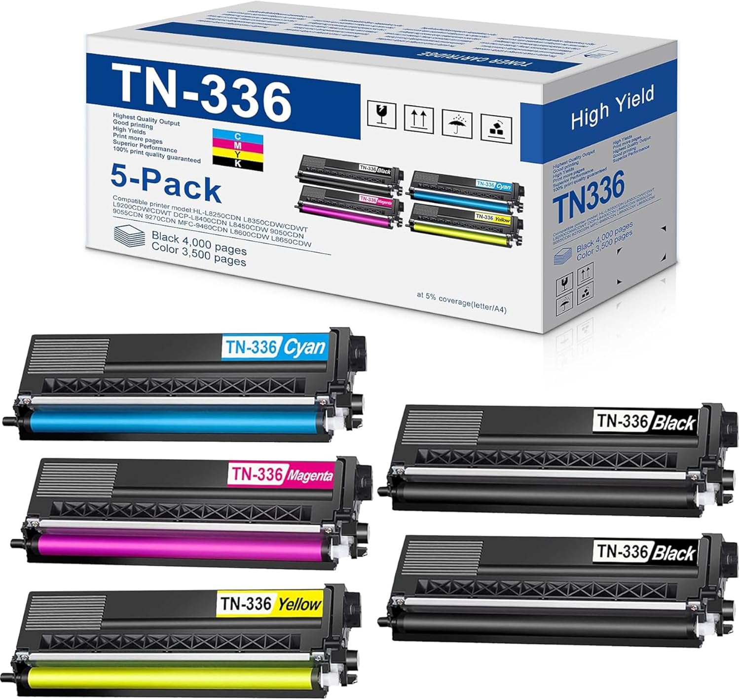Amazon.com: TN-336 Toner Cartridge High Capacity (5-Pack, 2BK/1C/1M/1Y) Replacement for Brother ...