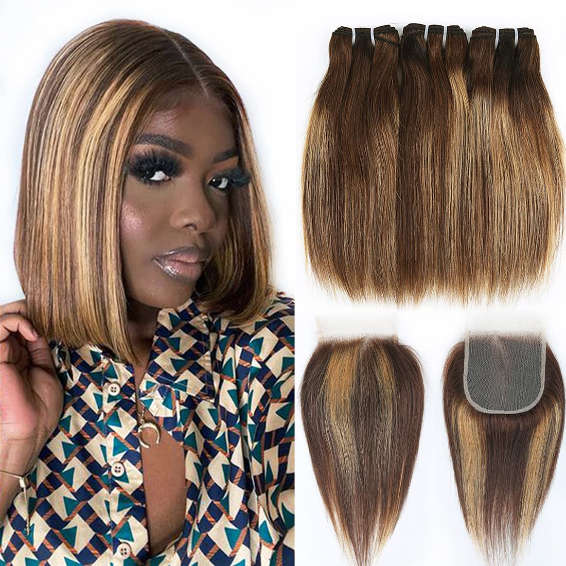 Amazon.com : Highlight Ombre Straight Bundles with Closure Human Hair ...