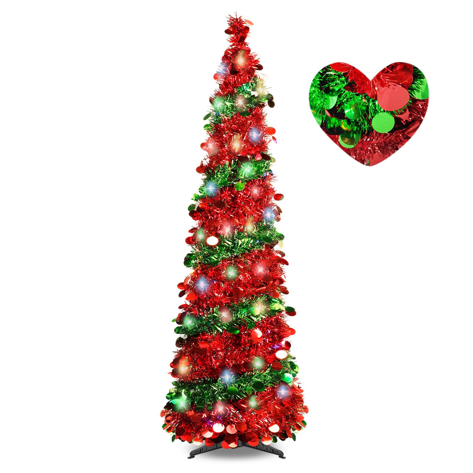 5FT Pop Up Christmas Tree with 90 Colorful LED Lights 8 Modes Tinsel ...