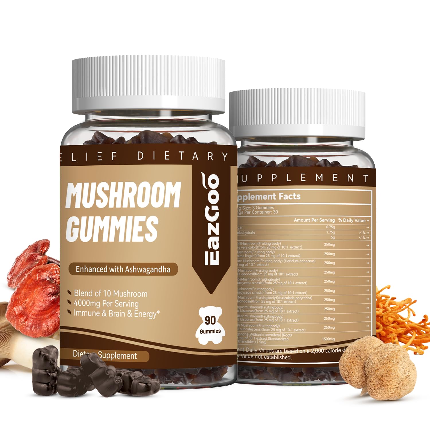 Amazon.com: EAZGOO Mushroom Gummies Supplement - with Ashwagandha, Lions Mane, Shitake Mushrooms ...