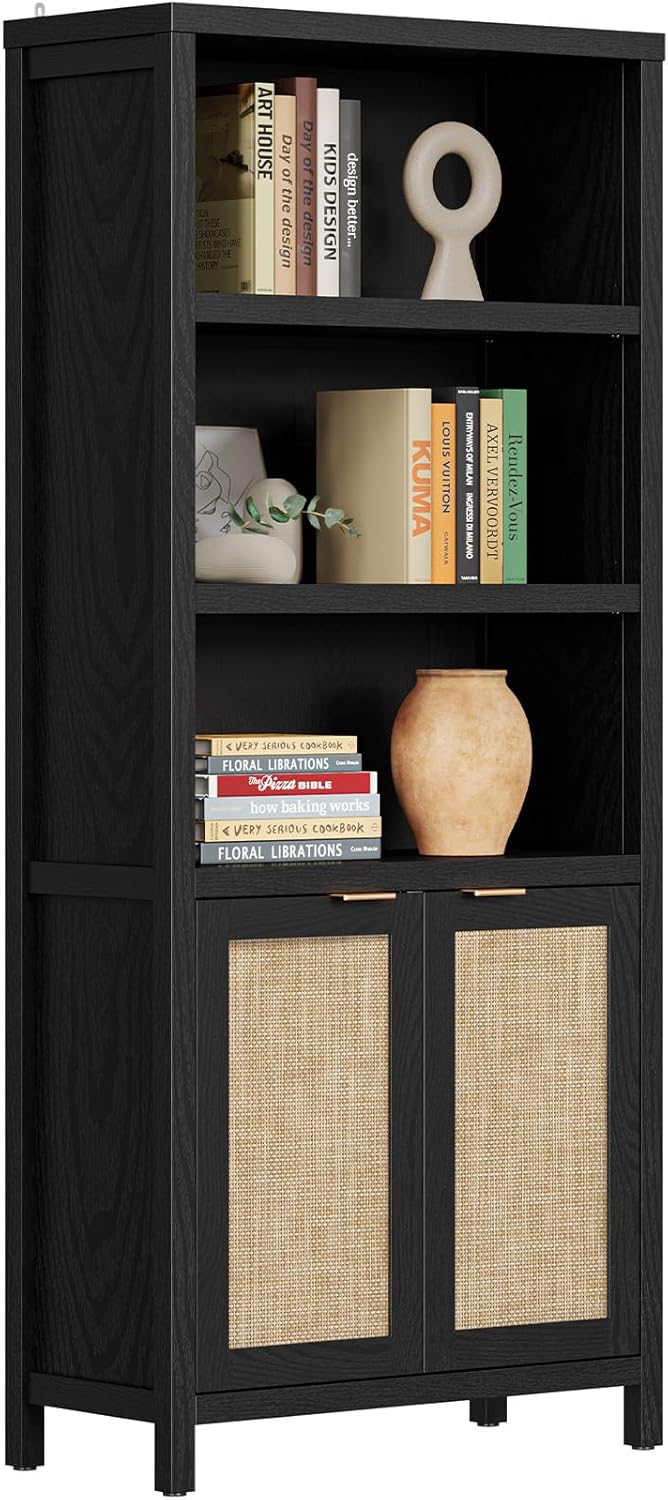Amazon.com: SICOTAS Bookcase 5 Tier Bookshelf Rattan Boho Tall Book ...