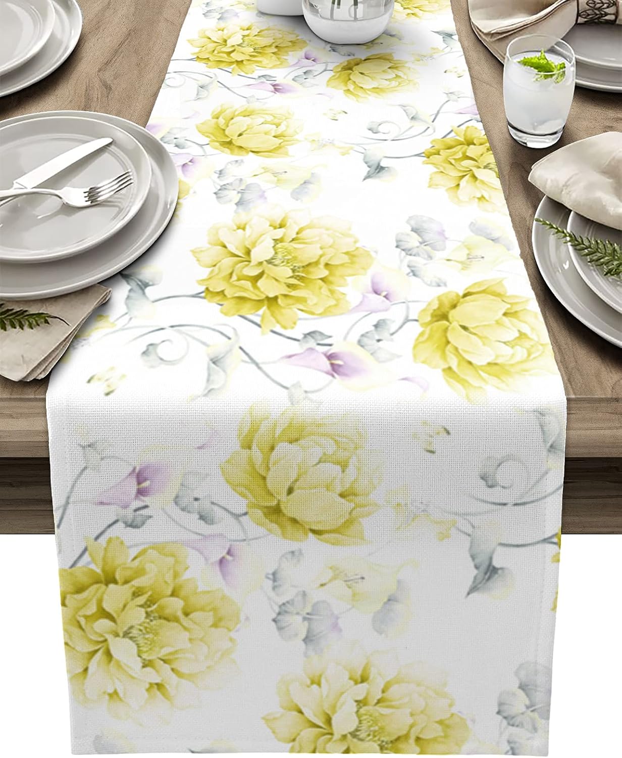 Amazon.com: Yellow Grey Peony Floral Table Runner 16x72 inches Long ...
