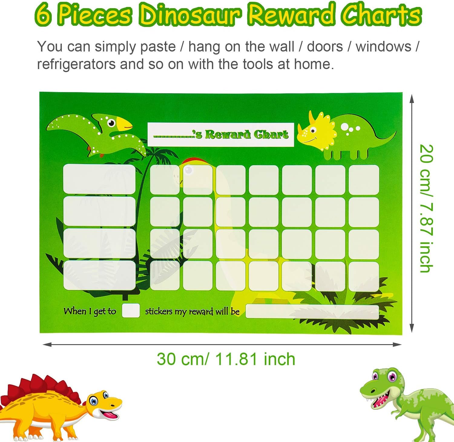 12 Pieces Dinosaur Reward Chart Set Includes 6 Pieces Dinosaur Reward ...