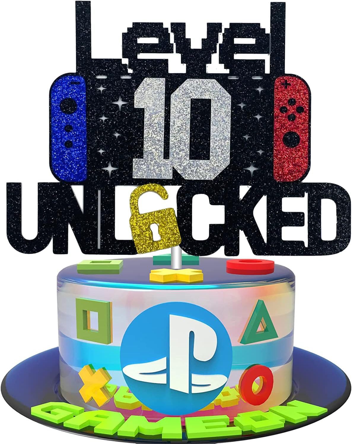 Amazon.com: 10th Birthday Video Game Cake Topper Level 10 Unlocked Cake ...