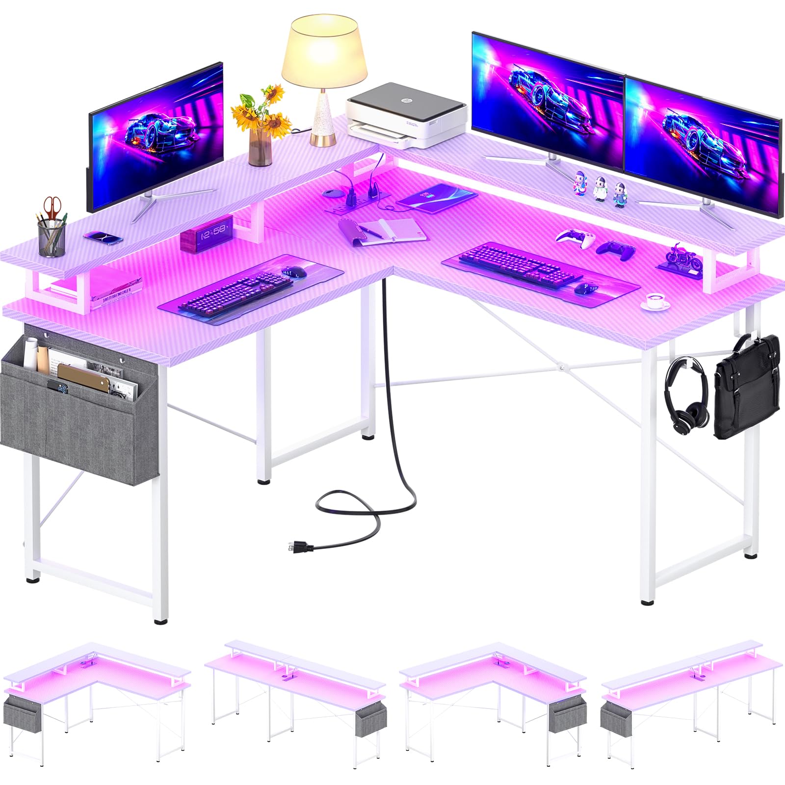 Amazon.com: armocity L Shaped Computer Desk with Power Outlets, Gaming ...