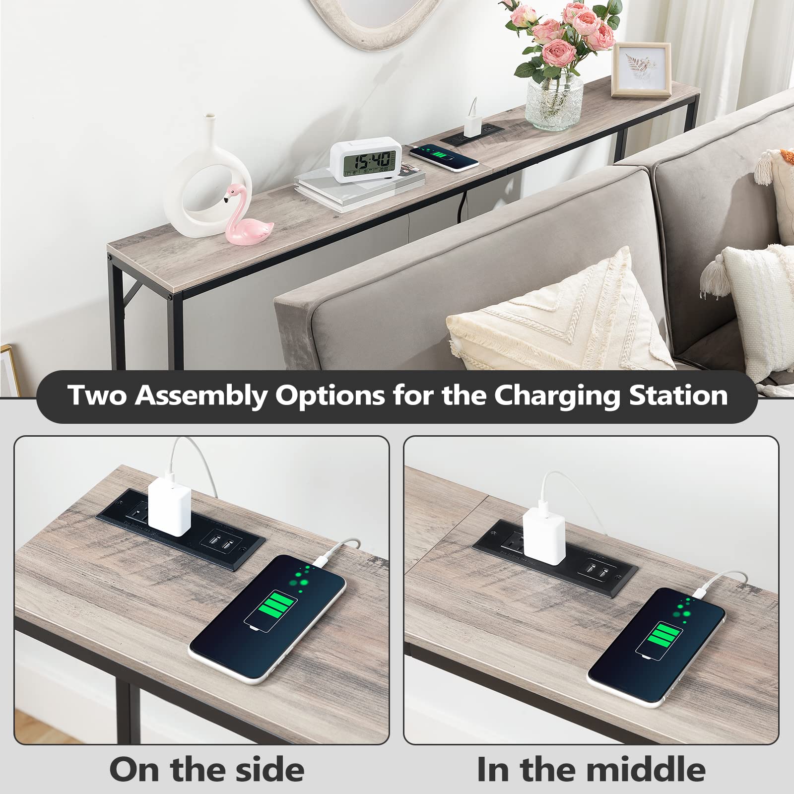 MAHANCRIS 63” Sofa Table with Power Outlets, 2-Tier Console Table with ...