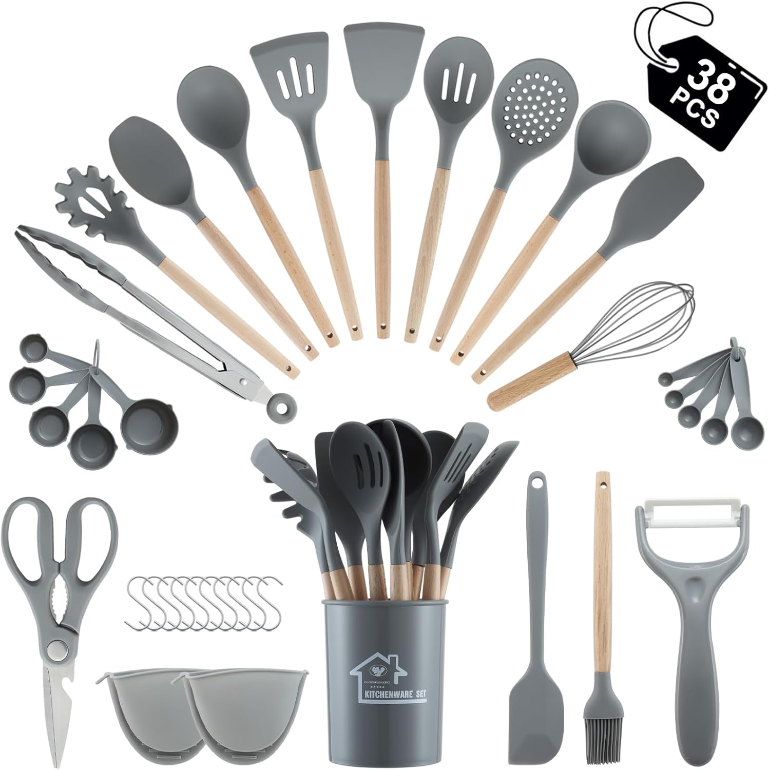 38 Pieces Kitchen Utensils Set, BEWOS Silicone Cooking Utensils Set ...