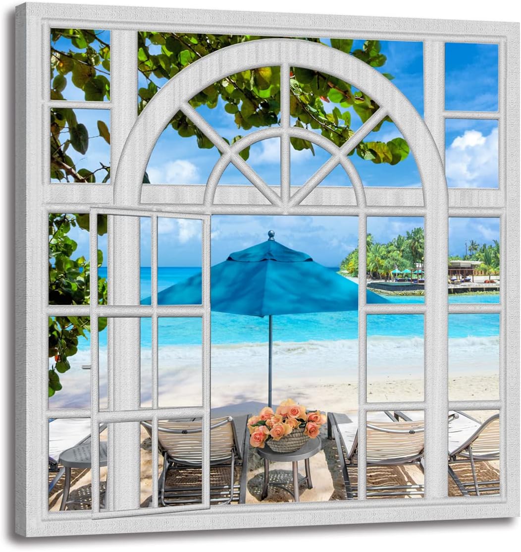 Amazon.com: Woxfcart Fake Window Beach Picture Decor Wall Art Faux ...