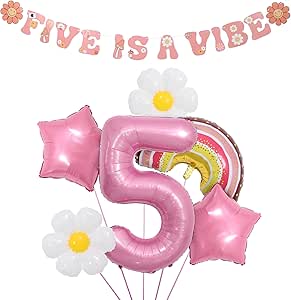 Amazon.com: Five Is A Vibe Banner with Rainbow Daisy Balloons, Groovy 5th Birthday Party ...