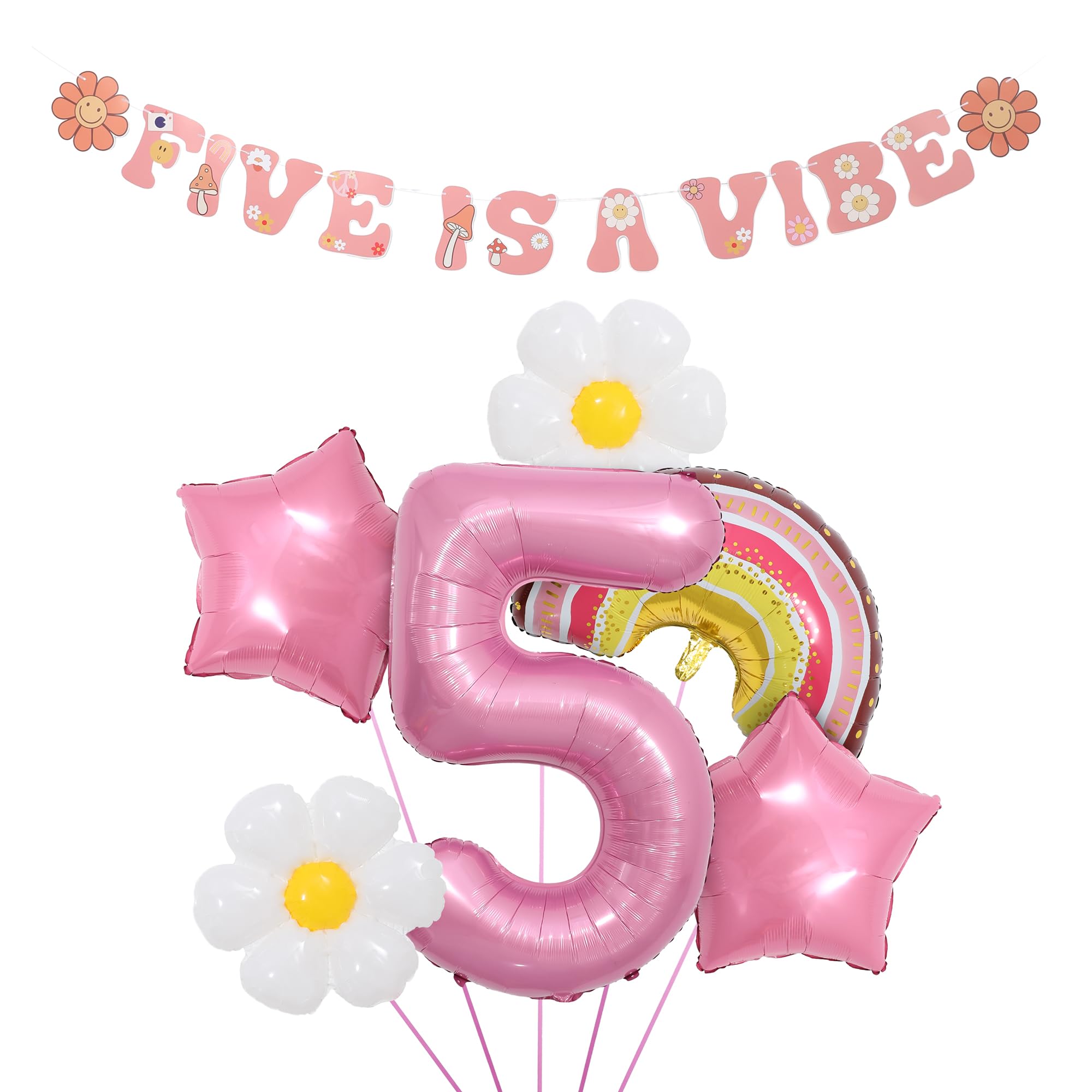 Amazon.com: Five Is A Vibe Banner with Rainbow Daisy Balloons, Groovy 5th Birthday Party ...