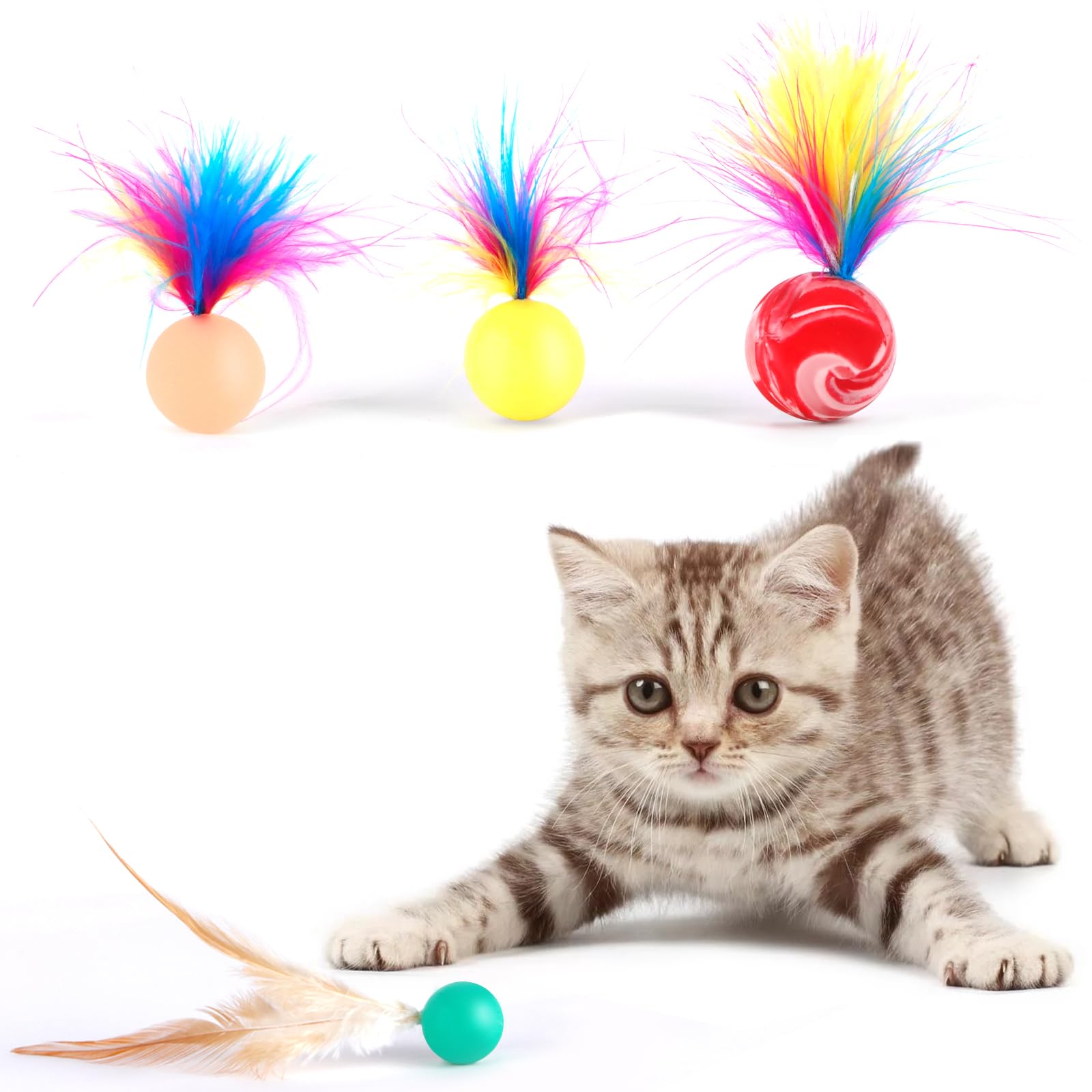 Amazon.com : SHENGSEN Cat Ball Toy 4 Pack,Interactive Cat Feather Toys ...