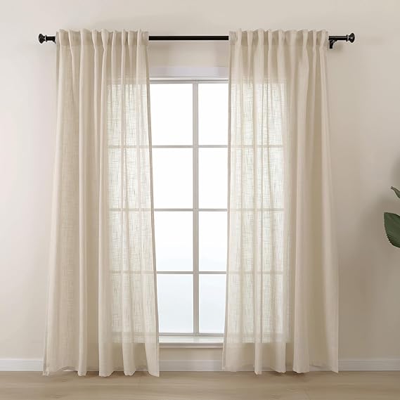 L.Z.E Curtains Beige Semi Sheer, 84 Inch Drop Linen Look Curtain with ...