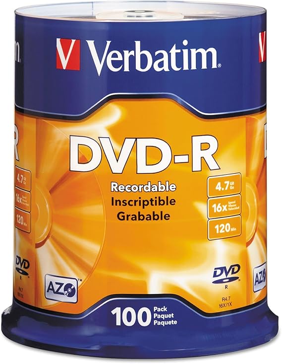 Amazon.com: Verbatim DVD-R Blank Discs AZO Dye 4.7GB 16X Recordable Disc - 100 Pack Spindle ...